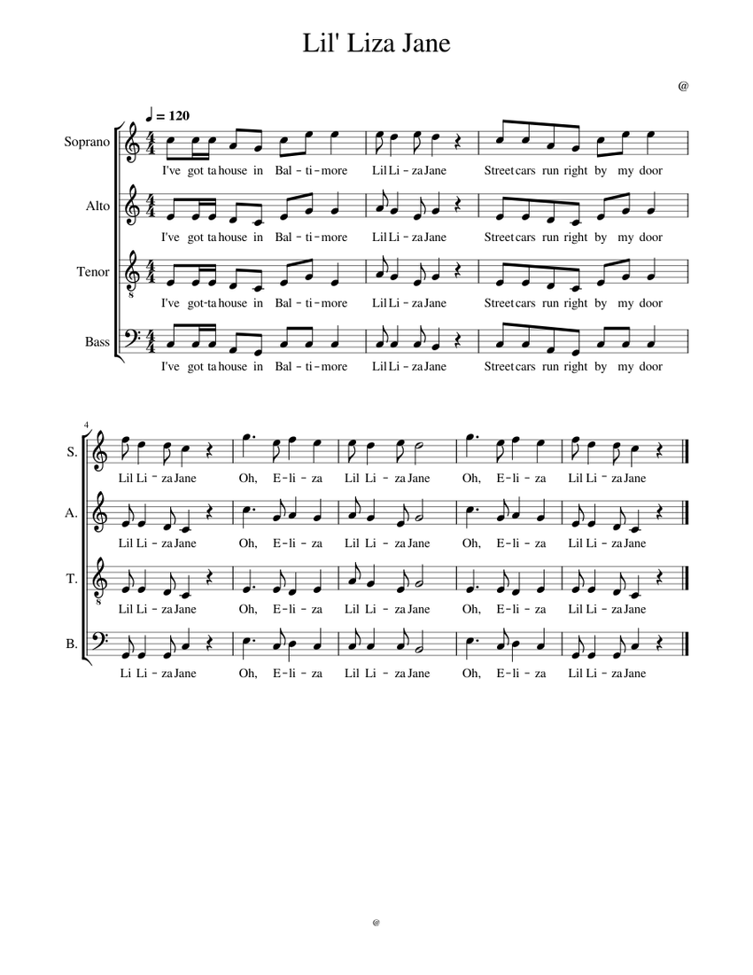 Lil liza jane – Misc Traditional Sheet Music for Soprano, Alto, Tenor ...
