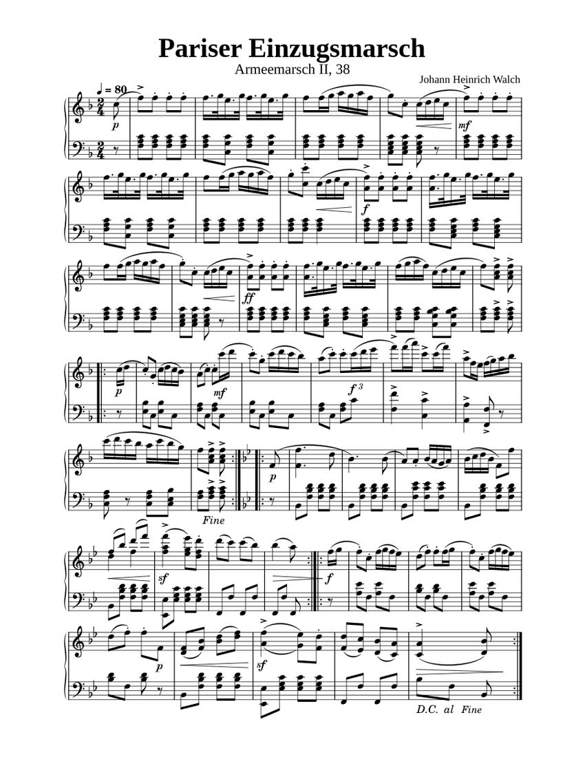 Pariser Einzugsmarsch – Johann Heinrich Walch AM II, 38 Sheet music for ...
