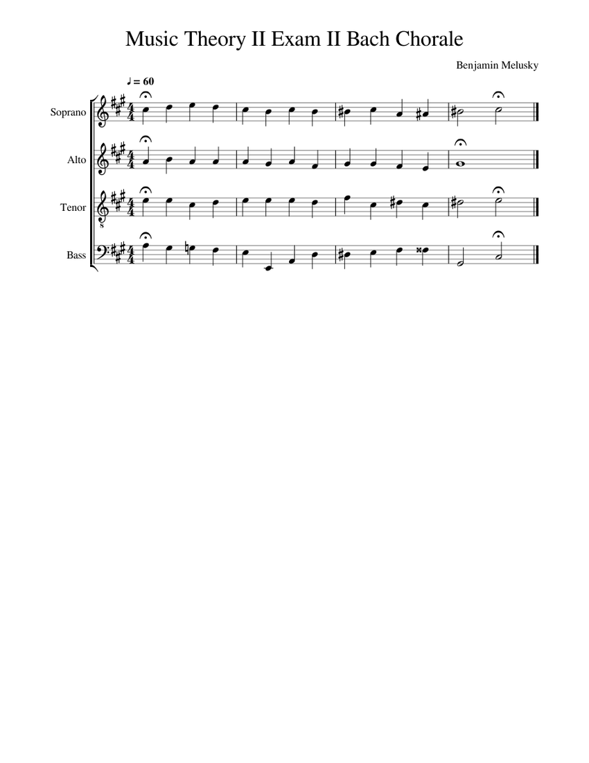 Music Theory II Exam II Bach Chorale Sheet music for Soprano, Alto ...