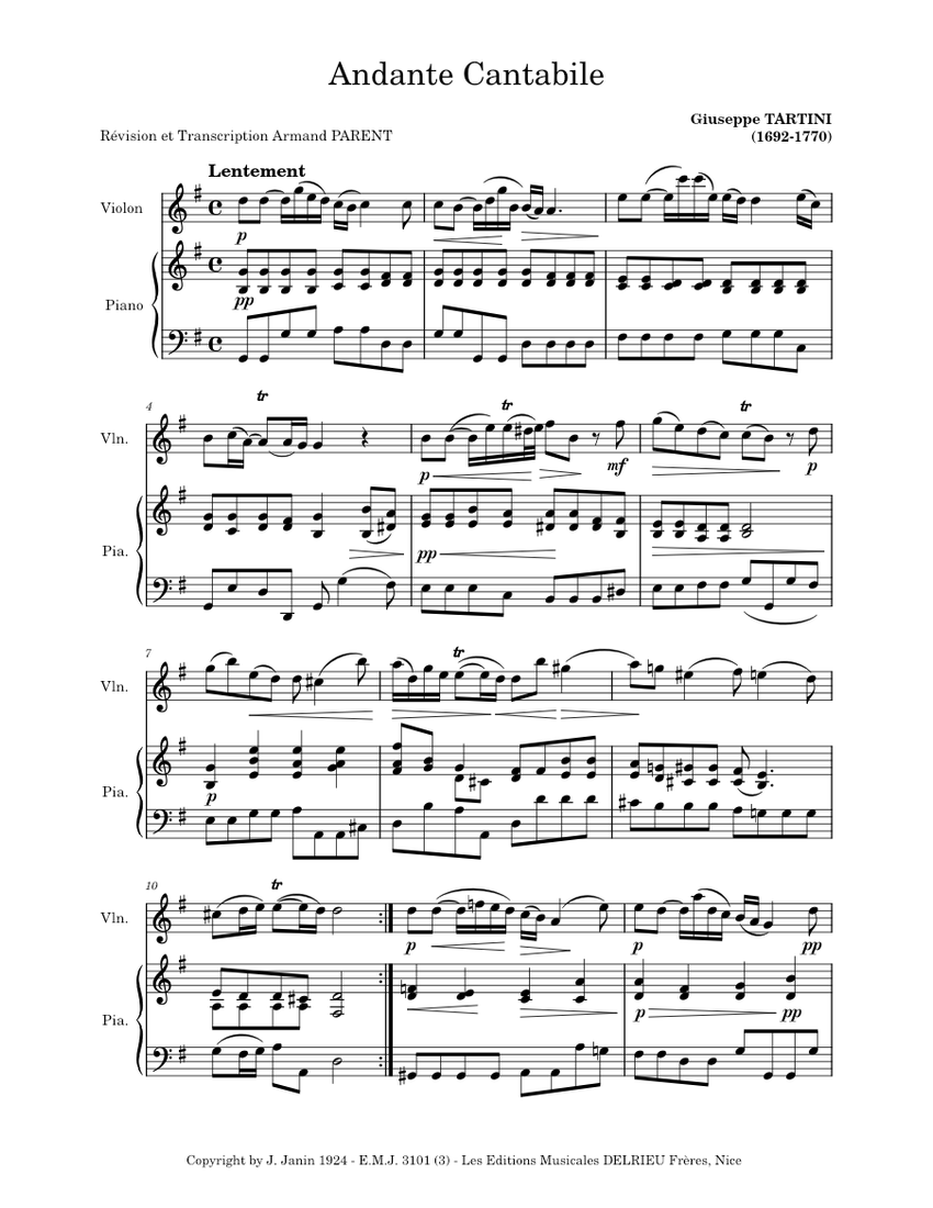 Andante Cantabile - Tartini Sheet music for Piano, Violin (Solo ...