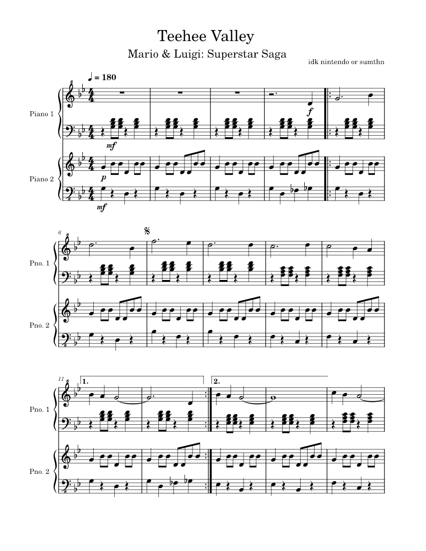Teehee Valley – Yoko Shimomura Sheet music for Piano (Piano Duo ...