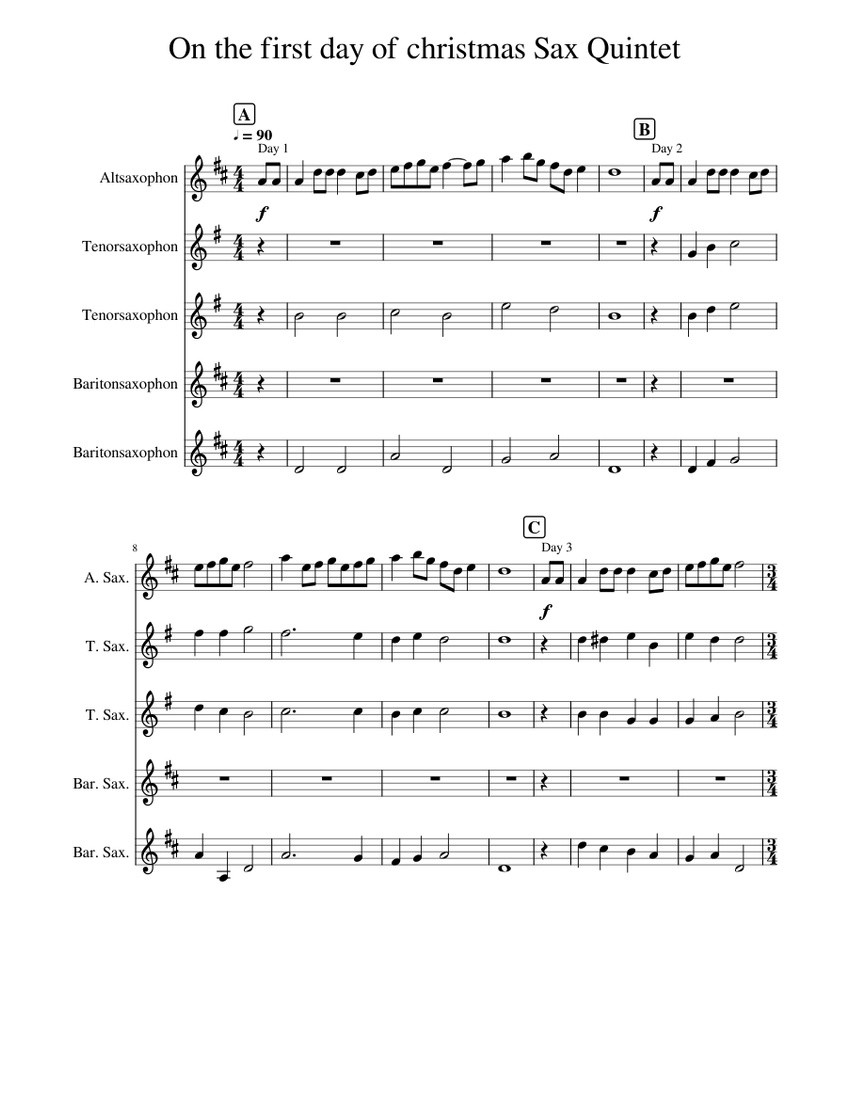 12 days of Christmas Jazz Sax Quintet Sheet Music for Saxophone alto ...