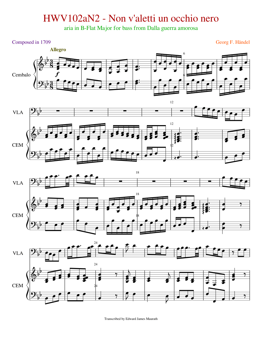 Non v'aletti un occhio nero, HWV102a [N2] - Handel - piano tutorial