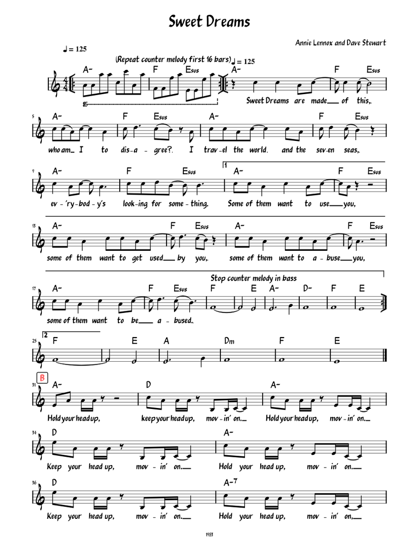 Sweet Dreams (Are Made of This) -- (lead sheet with lyrics) Sheet Music ...