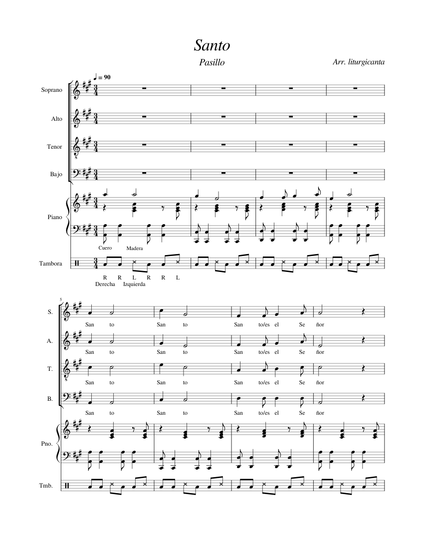 Santo (Pasillo) Sheet Music for Piano, Soprano, Alto, Tenor & more ...