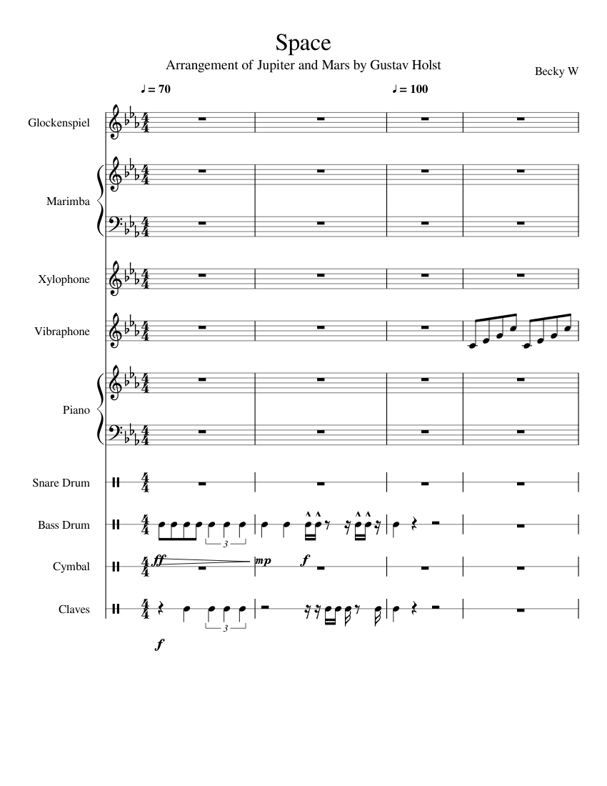 Space Sheet Music for Piano, Vibraphone, Glockenspiel, Snare drum ...