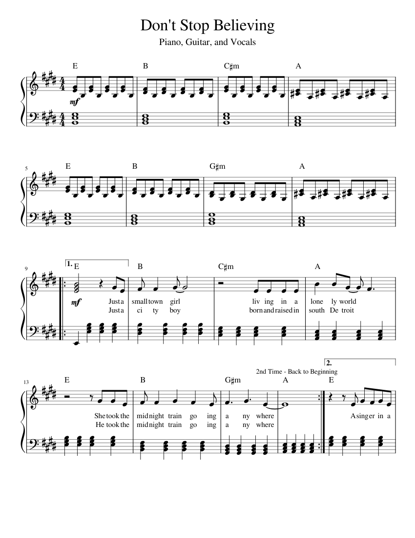 Don't Stop Believing (Piano, Guitar, Vocals) Sheet Music with Chords ...