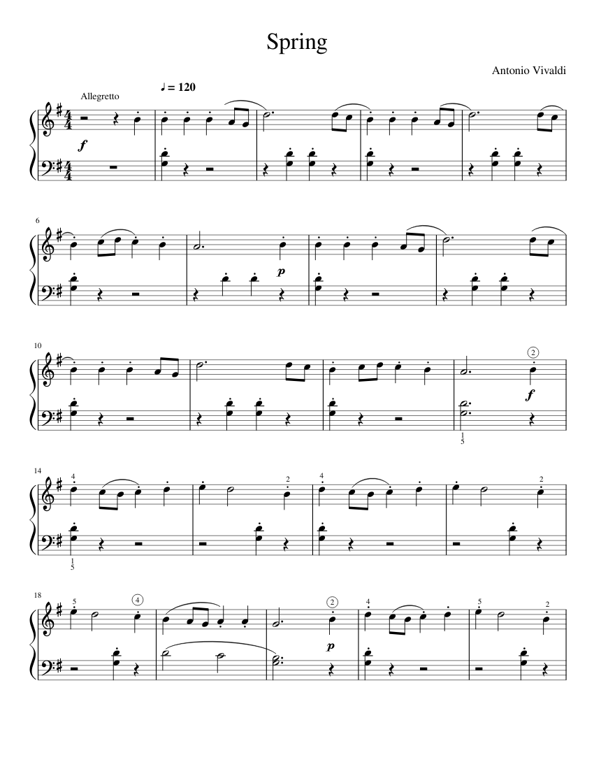 Spring by Antonio Vivaldi (for Beginners) Sheet Music for Piano (Solo ...