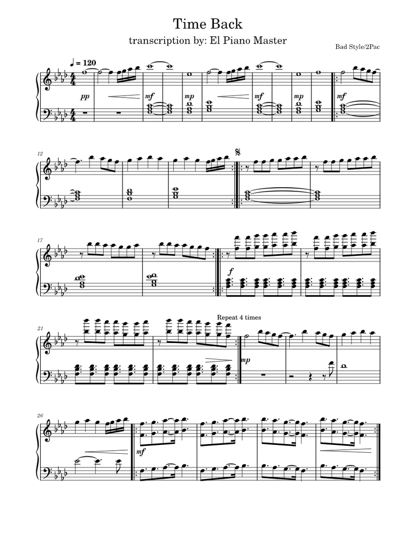 Time Back – Bad Style/2pac Sheet Music for Piano (Solo) Easy | MuseScore.com