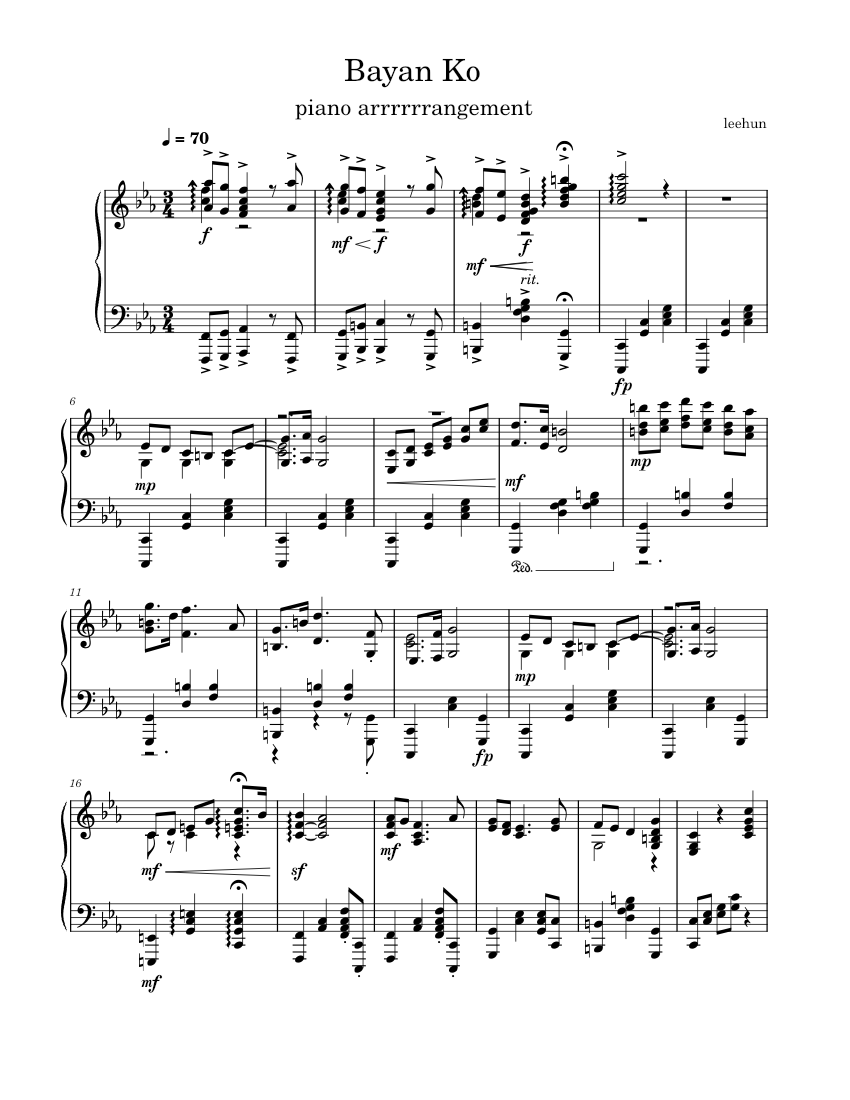 Bayan Ko – Constancio de Guzman Bayan Ko – Piano Arrangement Sheet Music for Piano (Solo ...