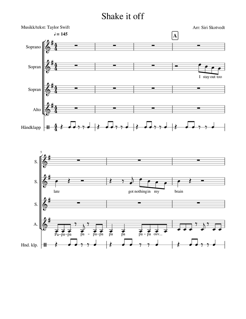 Shake It Off - Taylor Swift Sheet music for Soprano, Alto, Hand clap ...