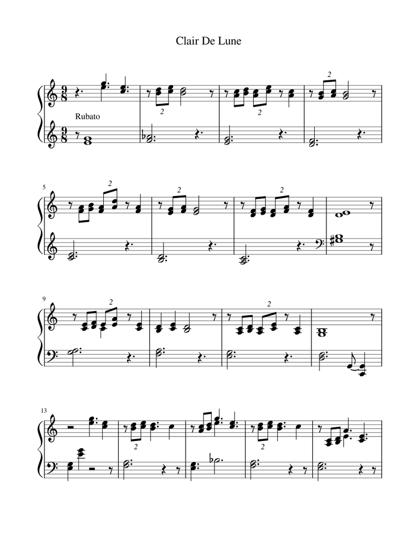 Claire De Lune (simplified) Sheet Music for Piano (Solo) Easy ...