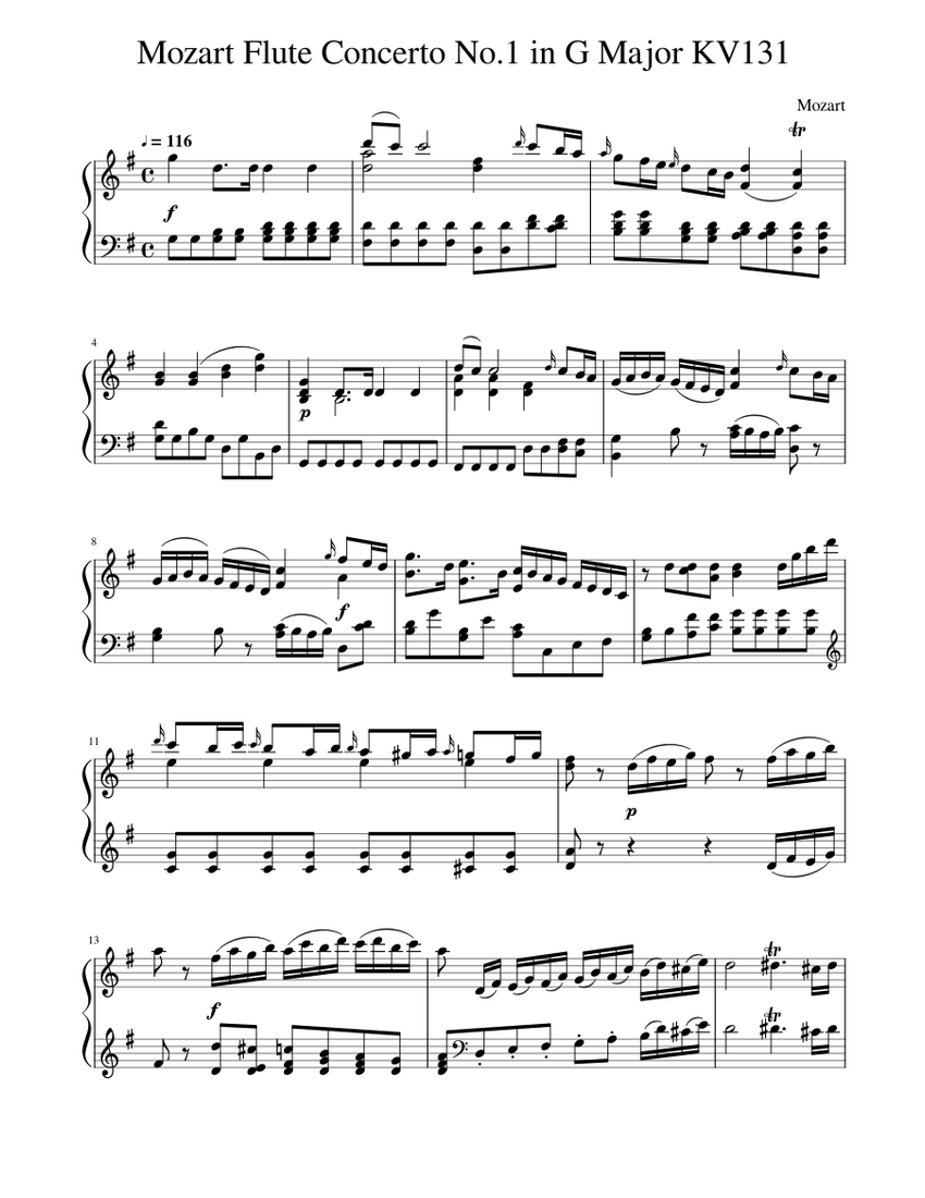 Mozart flute concerto no.1 in G major kv131 Sheet Music for Piano (Solo ...