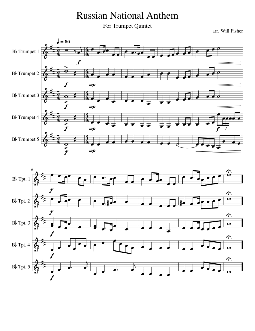 Russian National Anthem - Trumpet Quintet Sheet Music for Trumpet in b ...