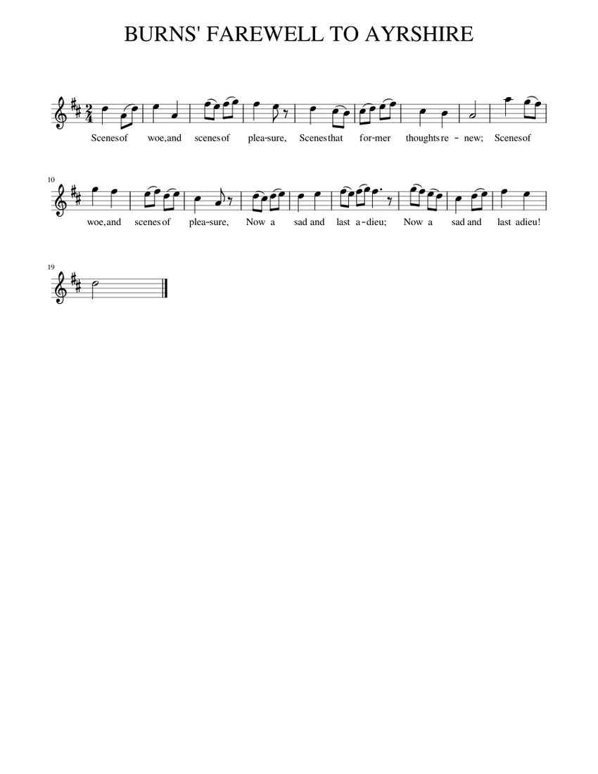 BURNS' FAREWELL TO AYRSHIRE Sheet Music for Piano (Solo) easy ...