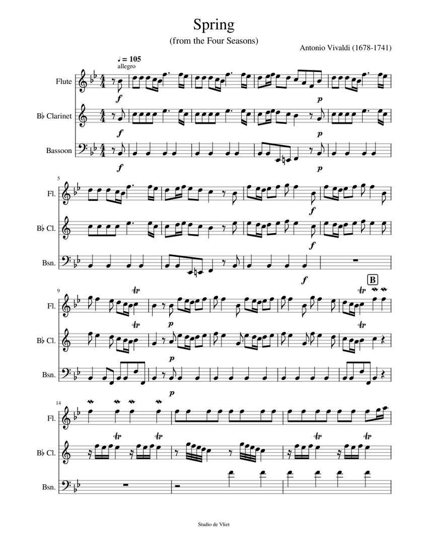 Spring from Vivaldi's Four Seasons Sheet music for Flute, Clarinet in b ...