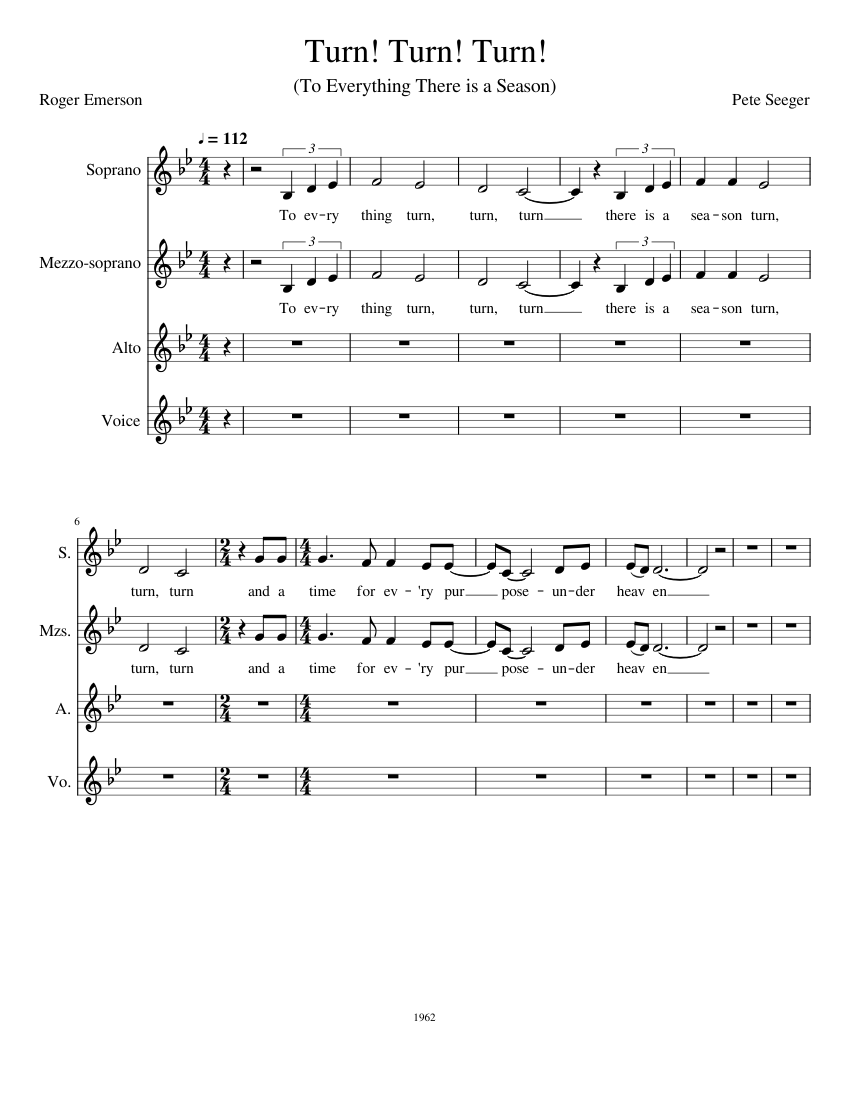 Turn Turn Turn in B flat Sheet Music for Soprano, Alto, Vocals, Mezzo ...