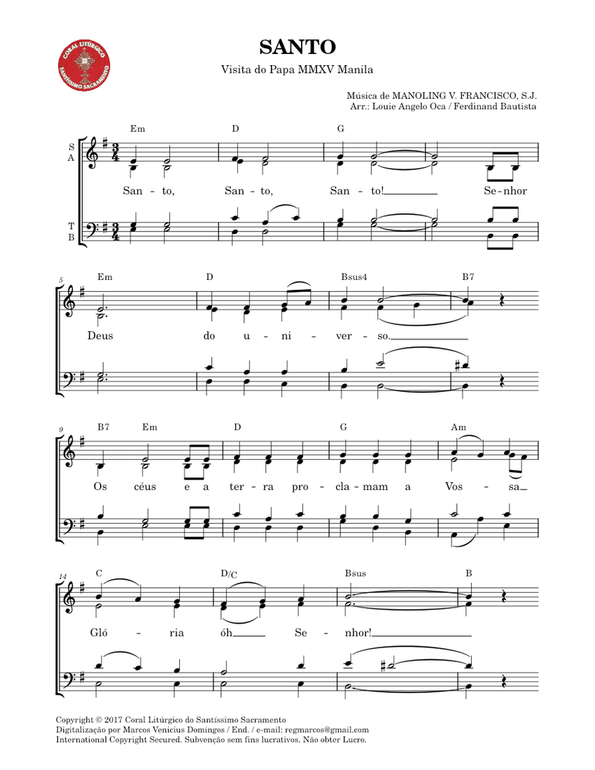 SANTO - Manoling V. Francisco, S.J. Sheet music for Female, Male ...