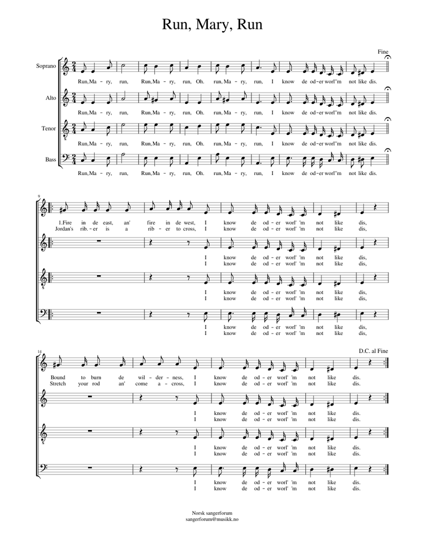 Run, Mary, Run – Anonymous Sheet Music for Soprano, Alto, Tenor, Bass ...