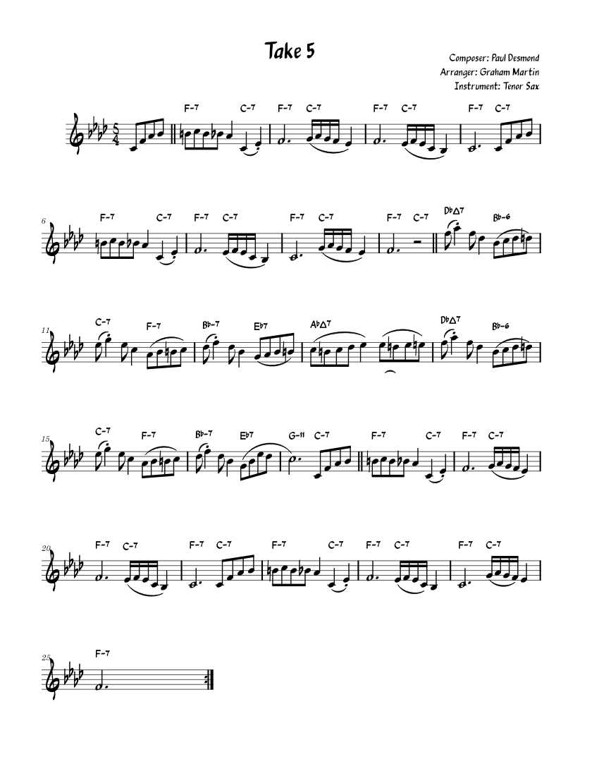 Take 5 – Paul Desmond Take 5 on Tenor Sax or Trumpet Sheet music for ...