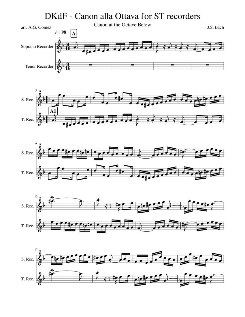 DKdF - Canon alla Ottava for ST recorders Sheet music for Recorder ...