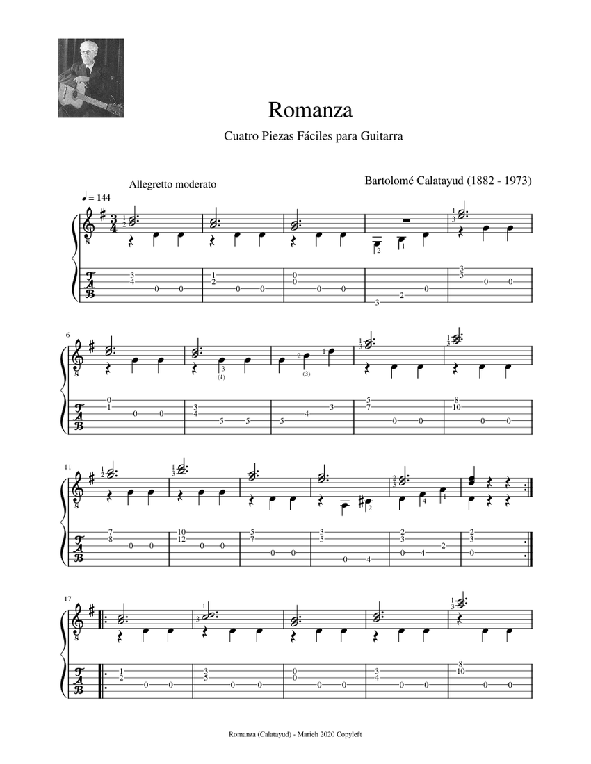 Romanza - Calatayud, Bartolomé (1882 - 1973) - Tablature Sheet Music ...