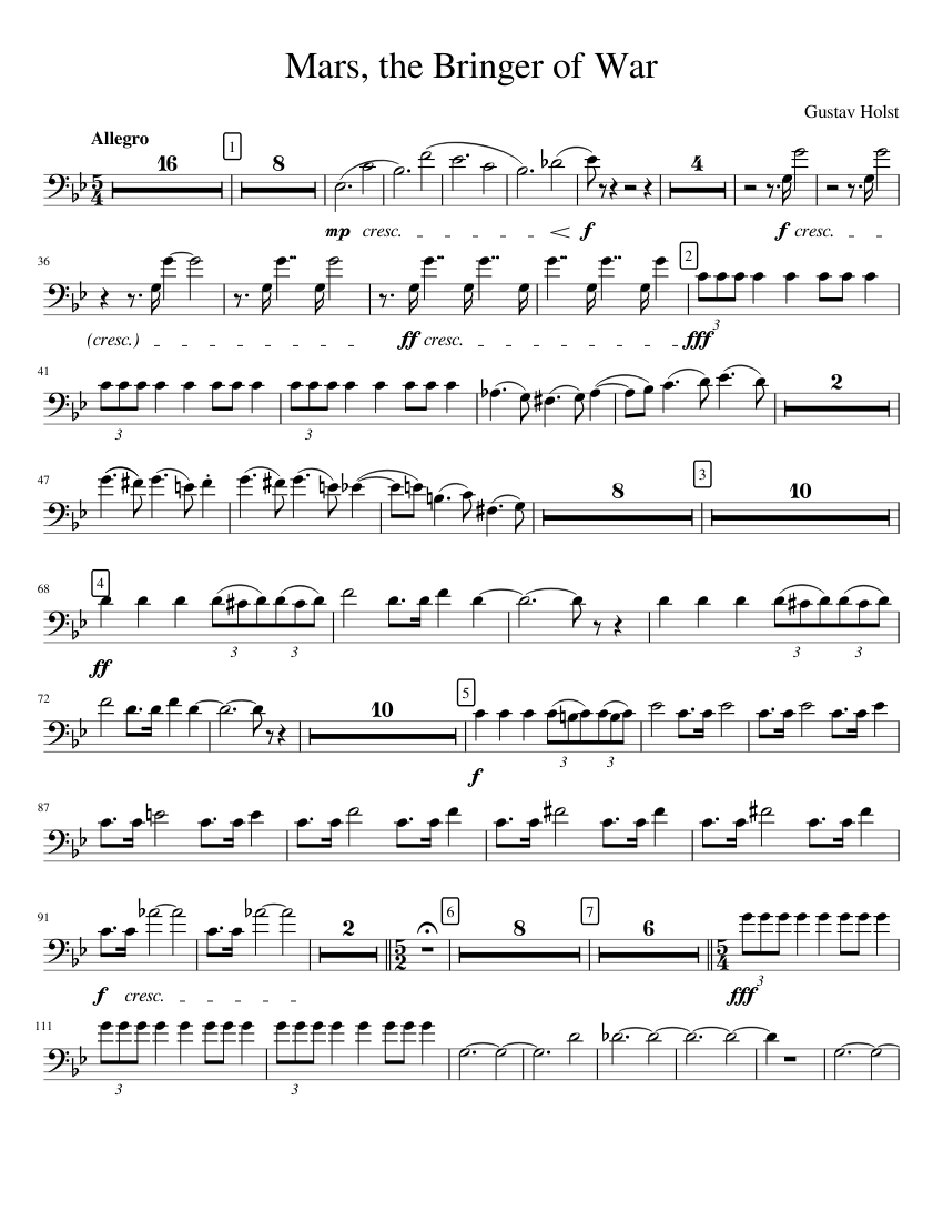 Mars, the Bringer of War: Bass Clef Euphonium Transposition Sheet Music ...