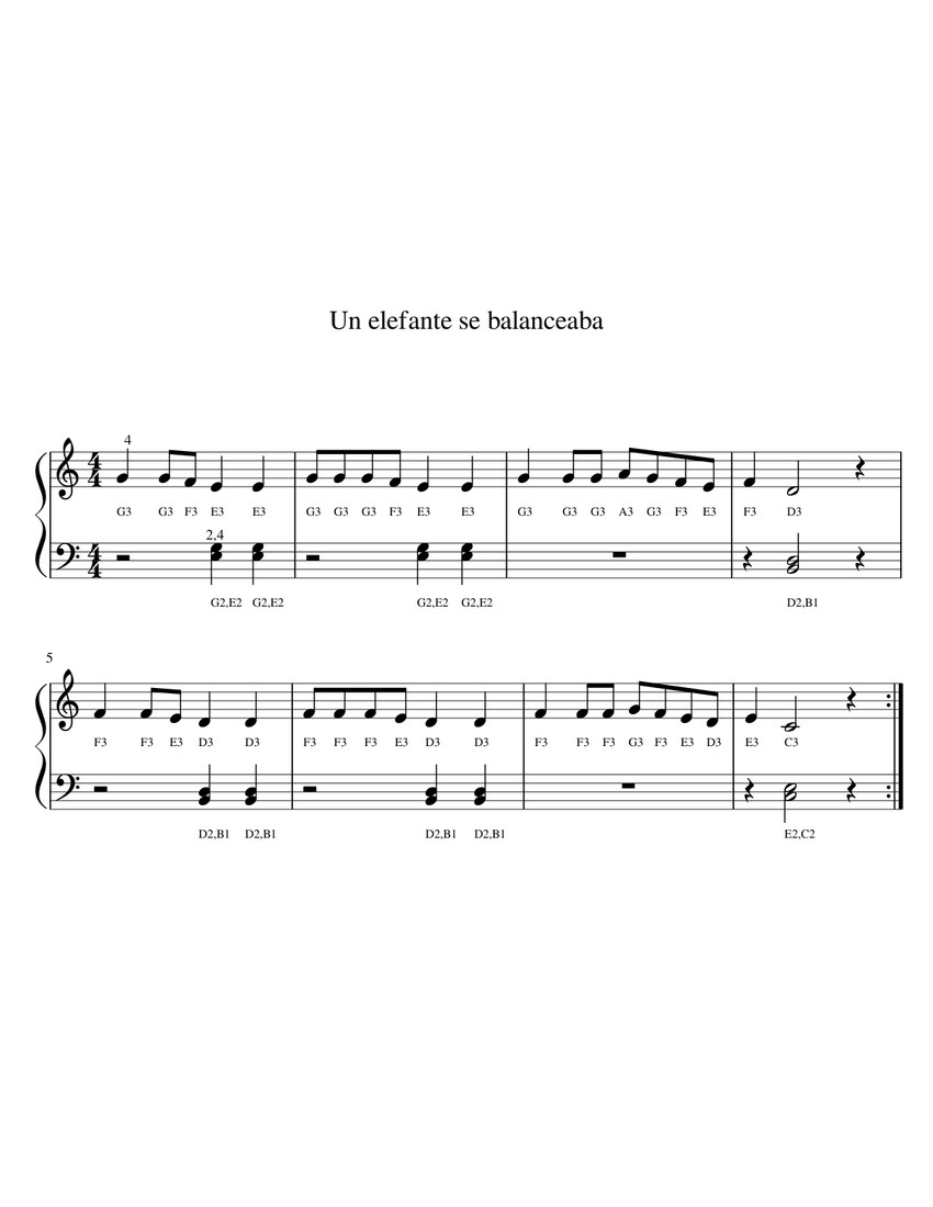 Un elefante se balanceaba Sheet Music for Piano (Solo) Easy | MuseScore.com