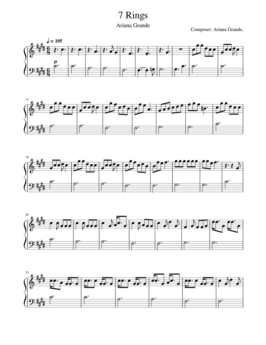 7 Rings - Ariana Grande Sheet Music for Piano (Solo) easy | MuseScore.com