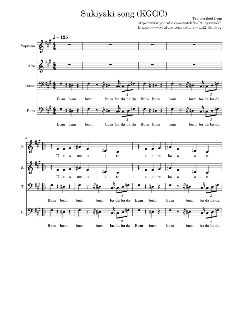 Sukiyaki – Kyu Sakamoto Sheet Music for Piano, Alto, Bass voice ...