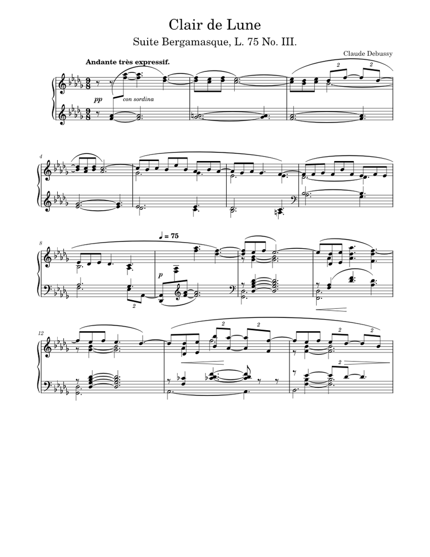 Clair de Lune from Suite bergamasque L. 75, Third Movement – Claude Debussy Sheet music for ...