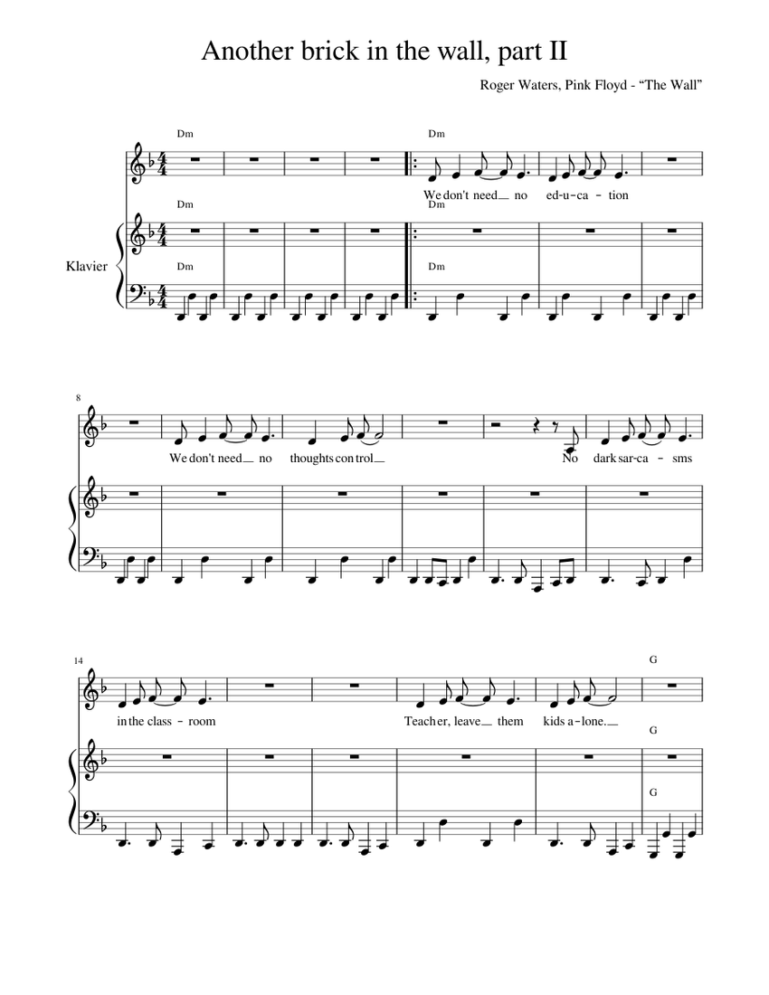Another brick in the wall part II Sheet Music with Chords for Piano ...