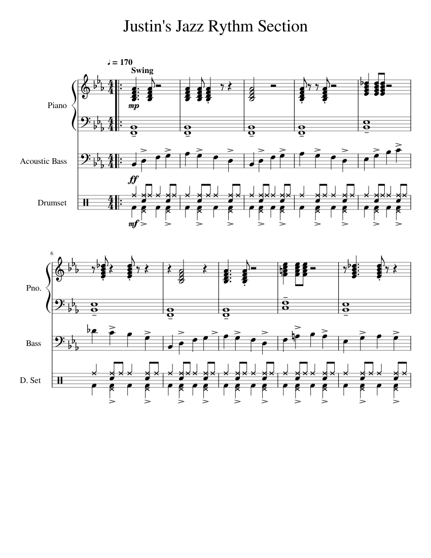 Justin's Jazz Rhythm Section Sheet Music for Piano, Bass guitar, Drum ...