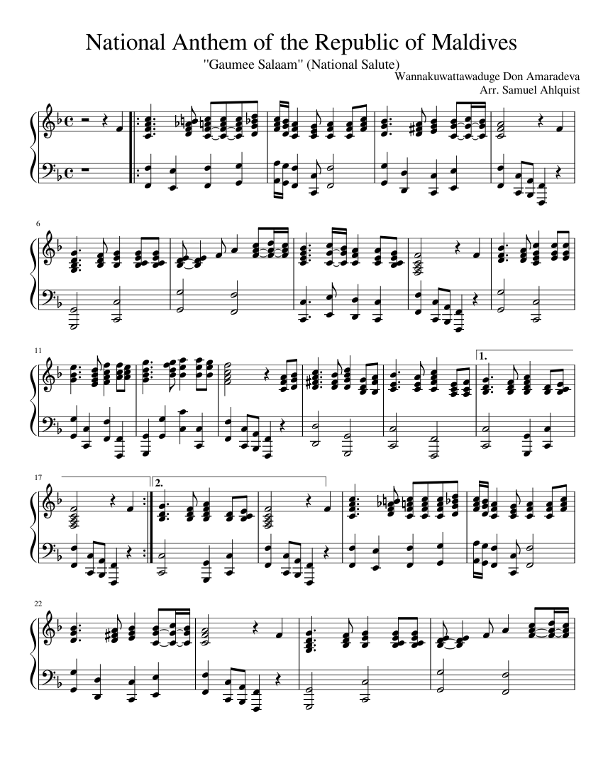 National Anthem of the Republic of Maldives Sheet Music for Piano (Solo ...