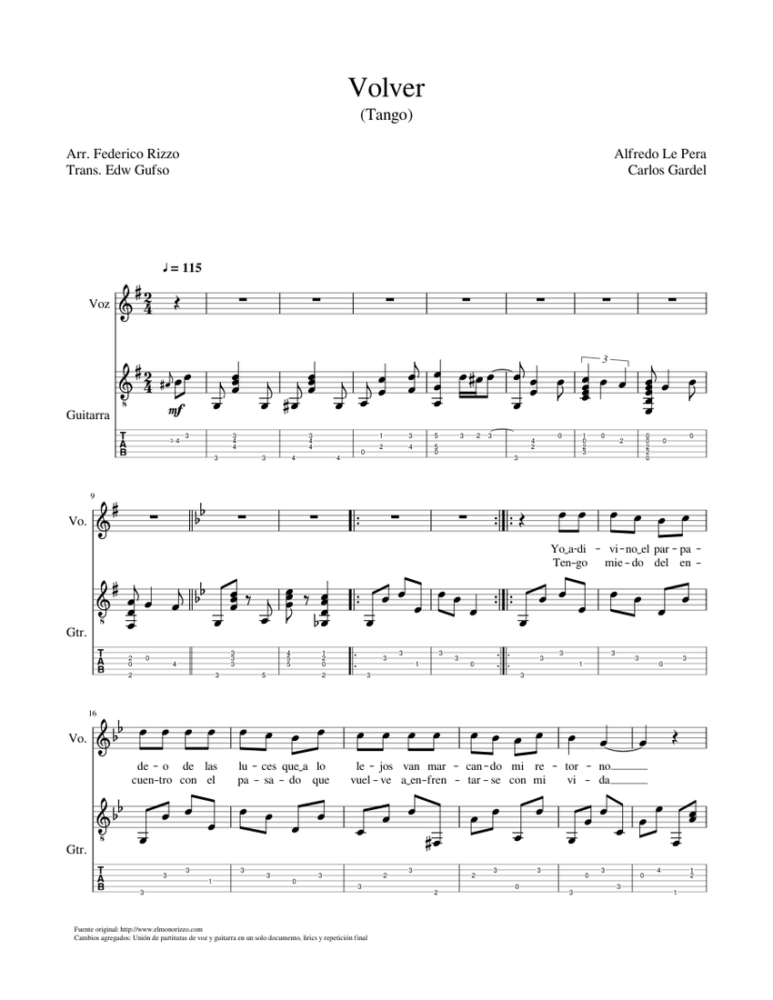 Volver Sheet Music and Tab for Vocals, Guitar (Mixed Duet) | MuseScore.com