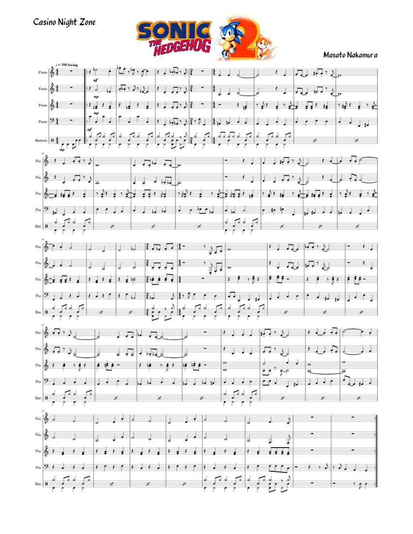Sonic 2 - Casino Night Zone Sheet Music for Piano, Drum group (Mixed ...