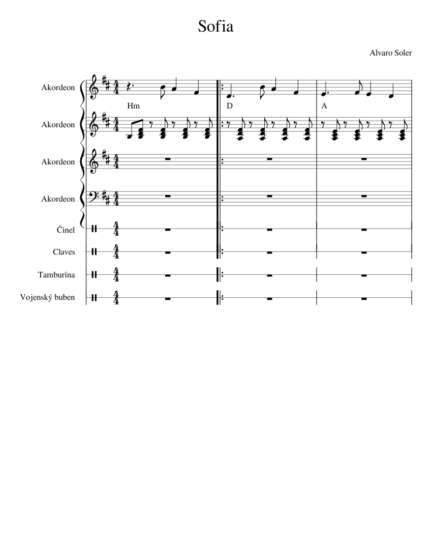 Sofia Sheet Music with Chords for Accordion, Tambourine, Snare drum ...