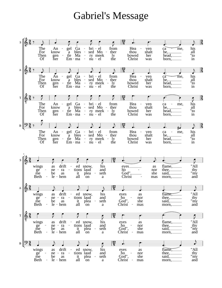 Gabriel's Message SATB Sheet Music for Soprano, Alto, Tenor, Bass voice ...