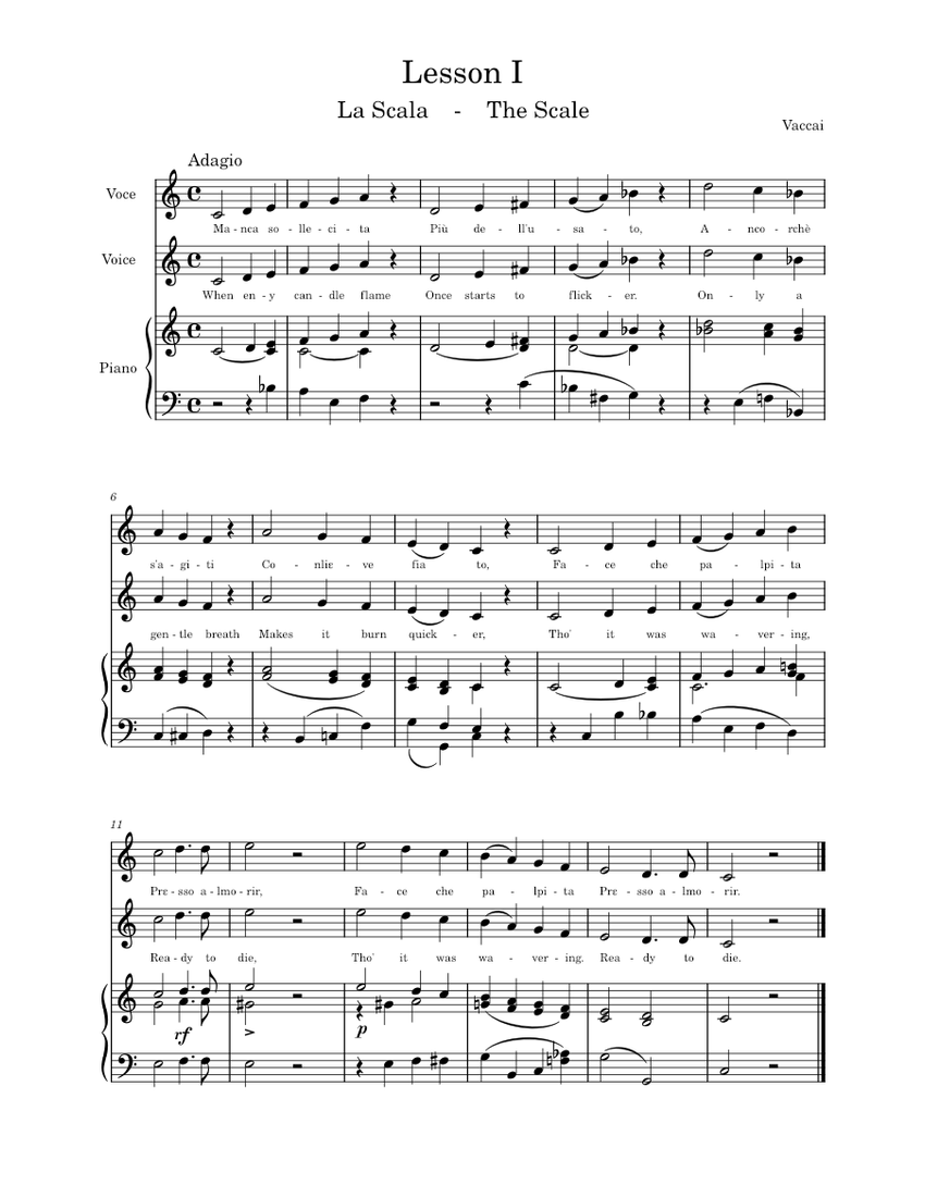 Vaccai - Lesson I - The Scale – Nicola Vaccai Sheet Music for Piano ...