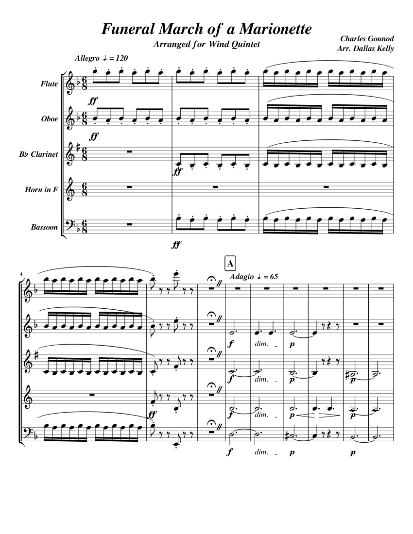 Funeral March of a Marionette Sheet Music for Flute, Oboe, Clarinet in ...