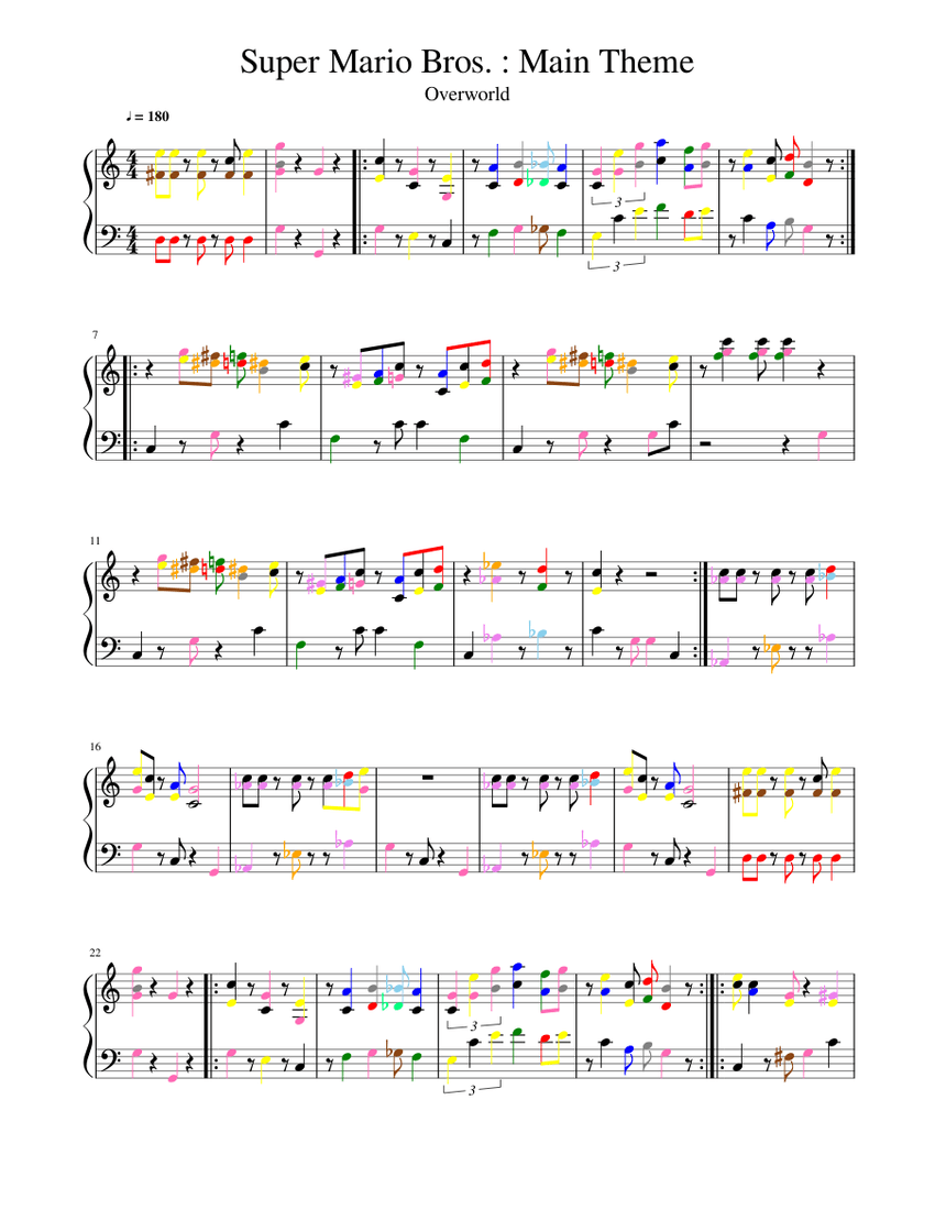 Super Mario Bros. Main Theme - partitura colorida Sheet music for Piano ...