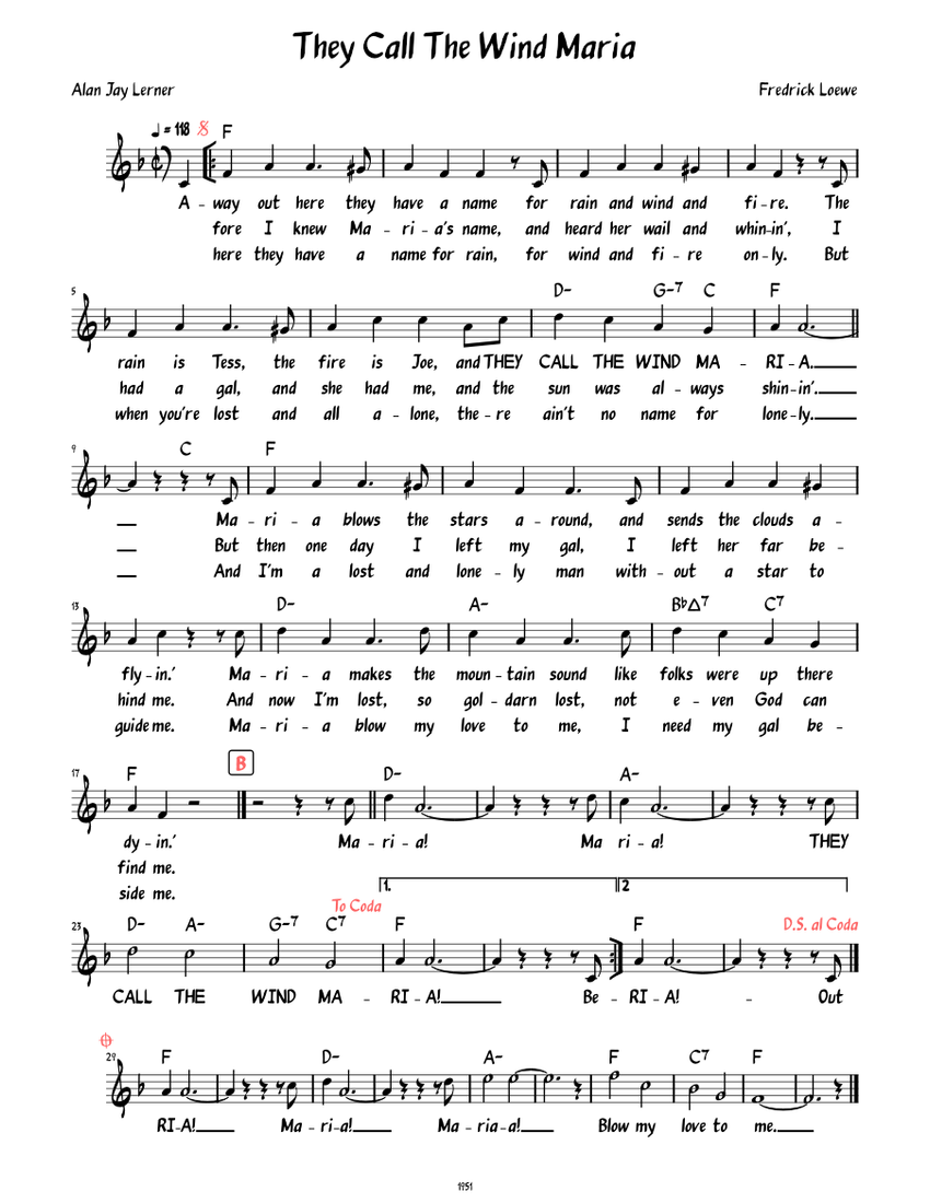 They Call the Wind Maria (Lead sheet with lyrics ) Sheet Music with ...