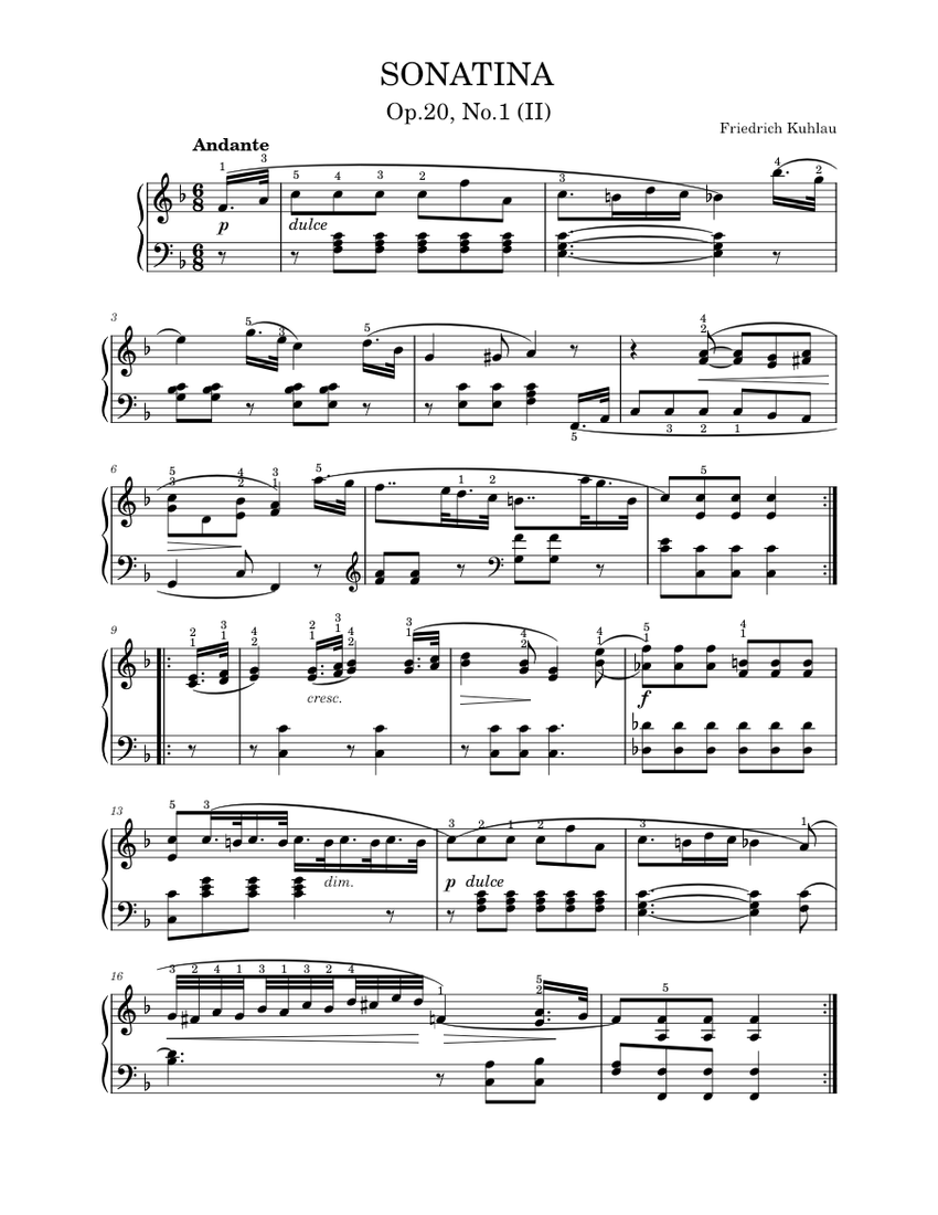 Sonatina Op.20 No.1 II Andante – Friedrich Daniel Rudolf Kuhlau Sheet ...