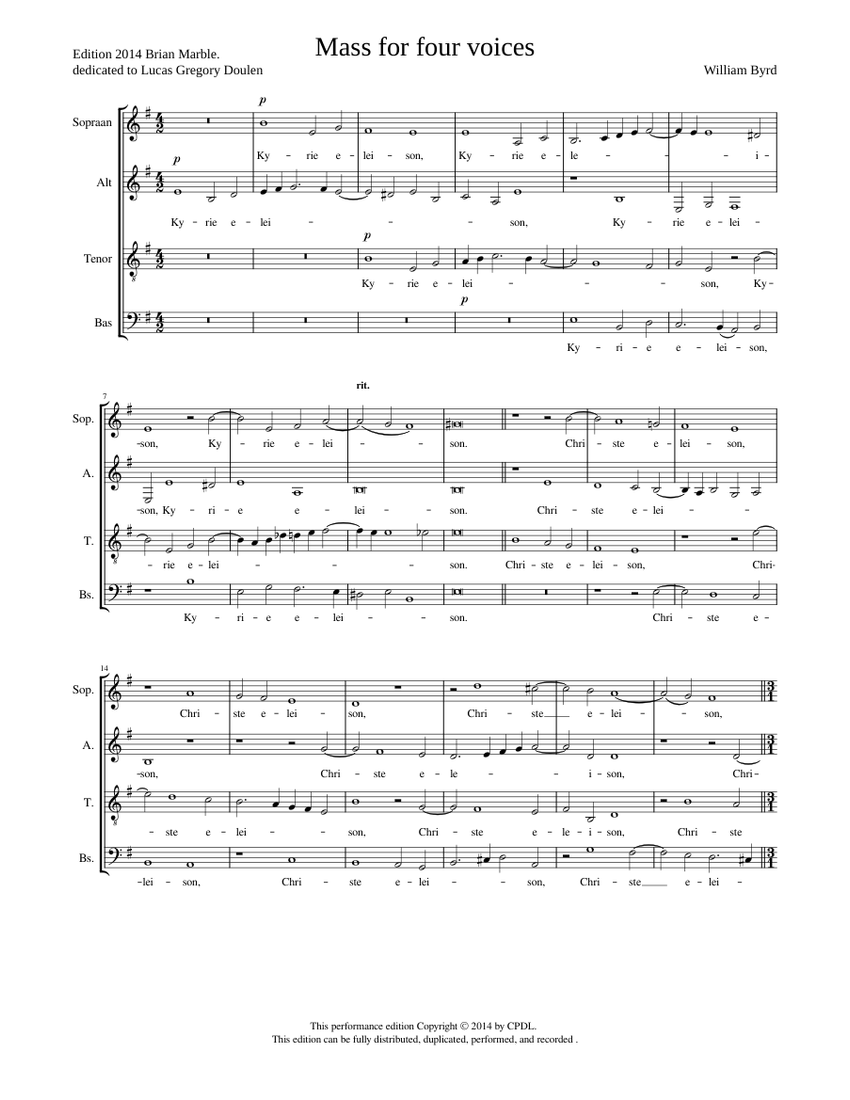 Mass for four voices (Byrd) Sheet music for Soprano, Alto, Tenor, Bass ...