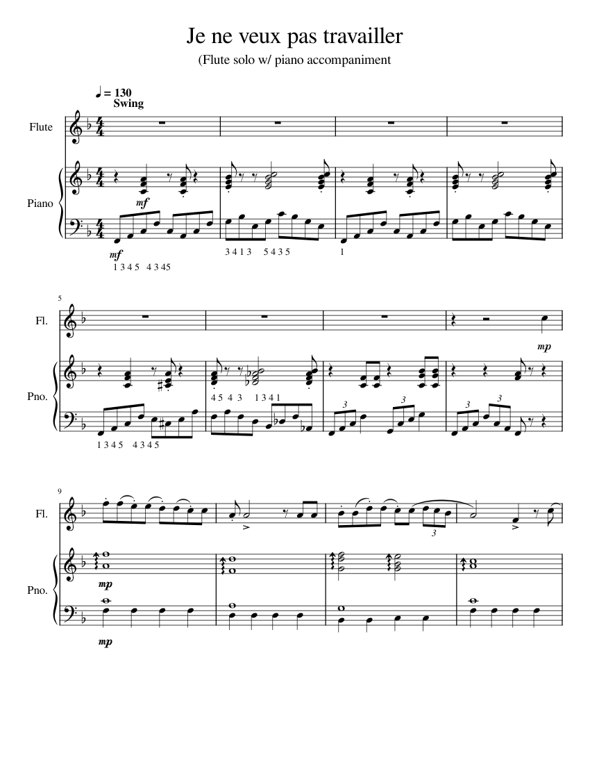 Je ne veux pas travailler Sheet Music for Piano, Flute (Solo ...