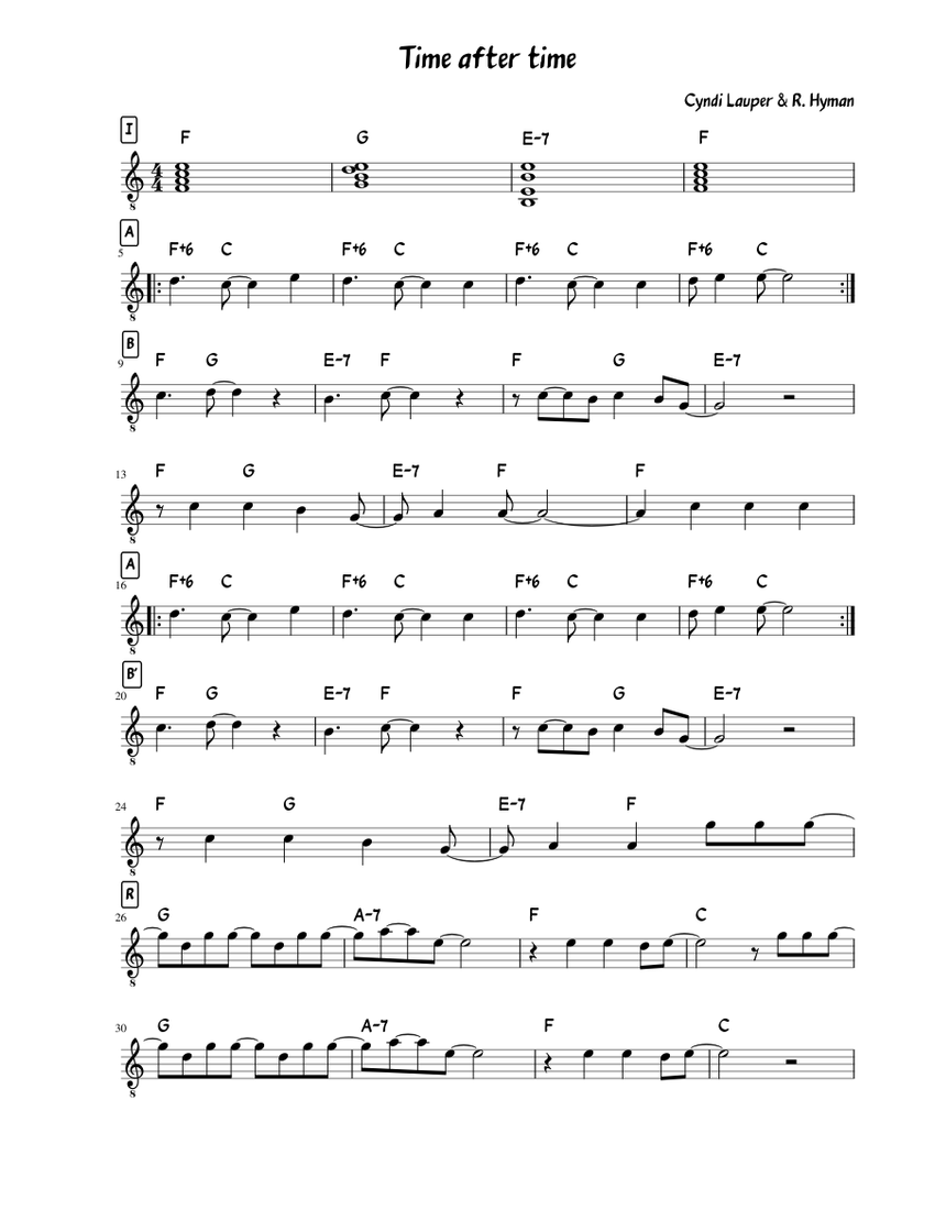 Time after Time Sheet Music with Chords for Guitar (Solo) | MuseScore.com