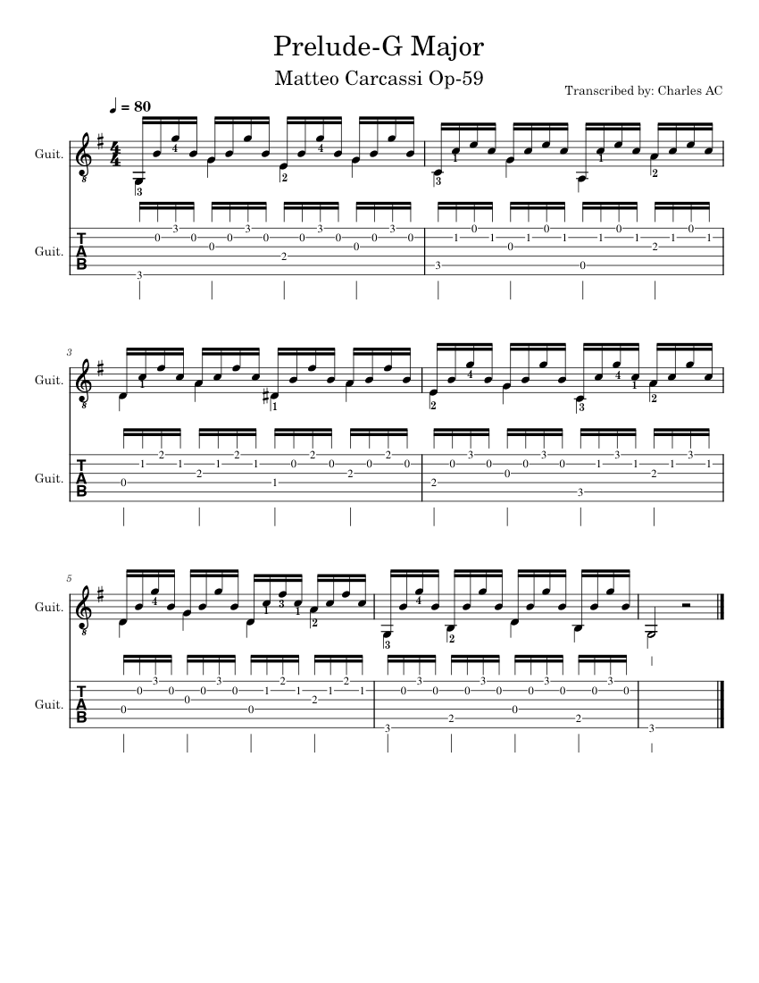 Prelude in G Major: Op 59 - Matteo Carcassi Sheet music for Guitar ...