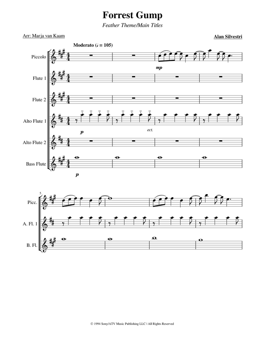 Forrest Gump for Flute Ensemble Sheet Music for Flute piccolo, Flute ...