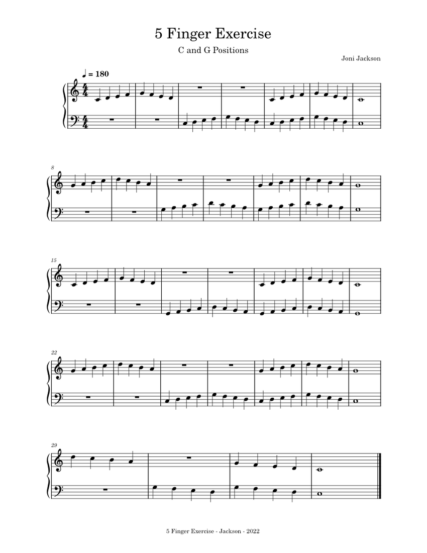 5 Finger Exercise in C and G Positions Sheet Music for Piano (Solo ...