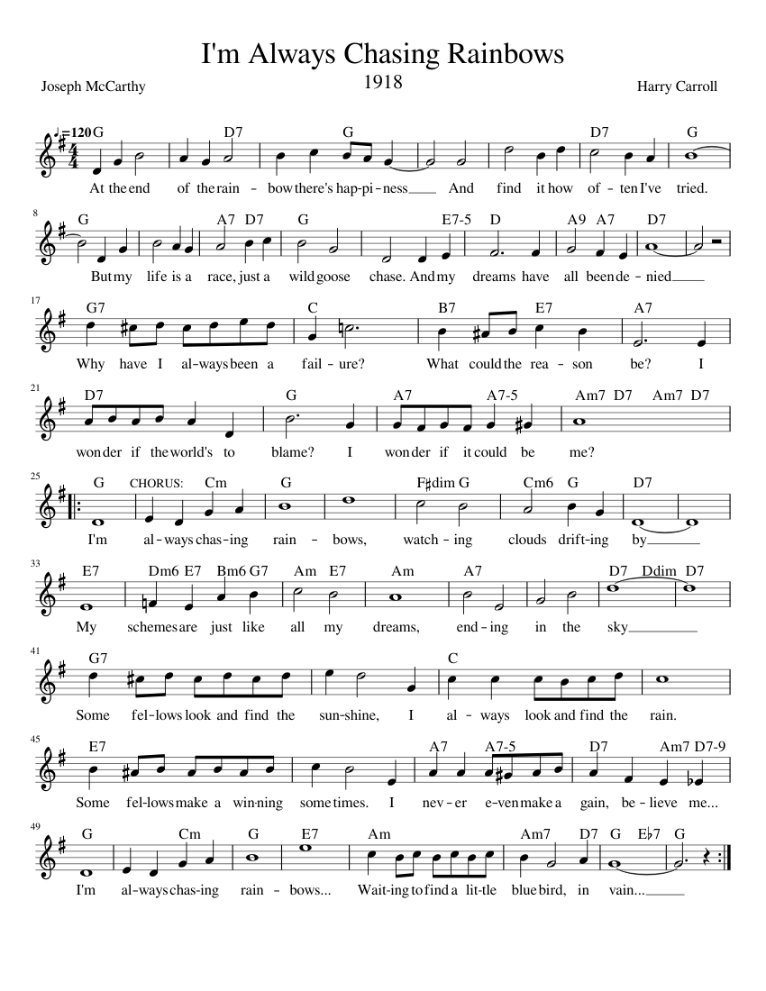 I'm Always Chasing Rainbows Sheet Music with Chords for Piano (Solo ...